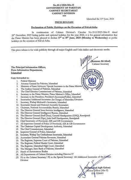 Federal govt announces three-day holiday for Eid-ul-Adha - The Upcut